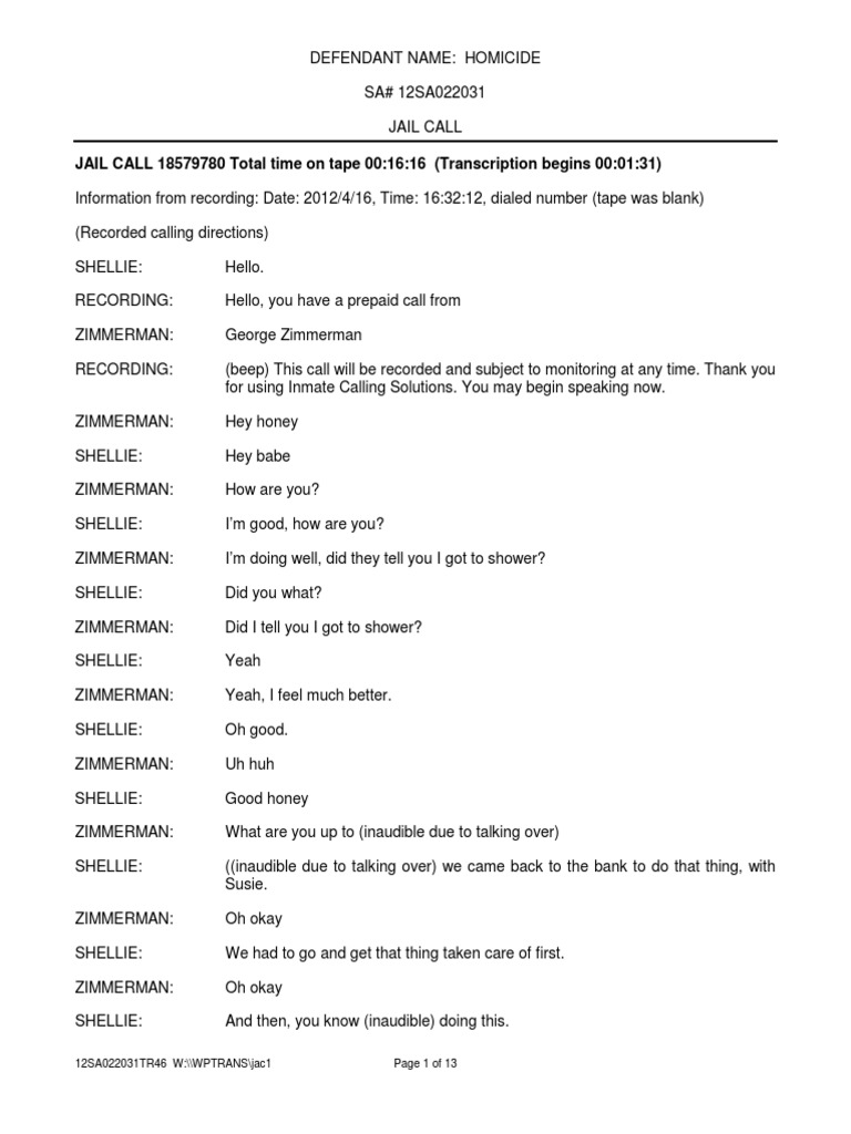 State vs. Zimmerman: Jail Call Transcript: 4-16-12 16:32 | PDF | Leisure