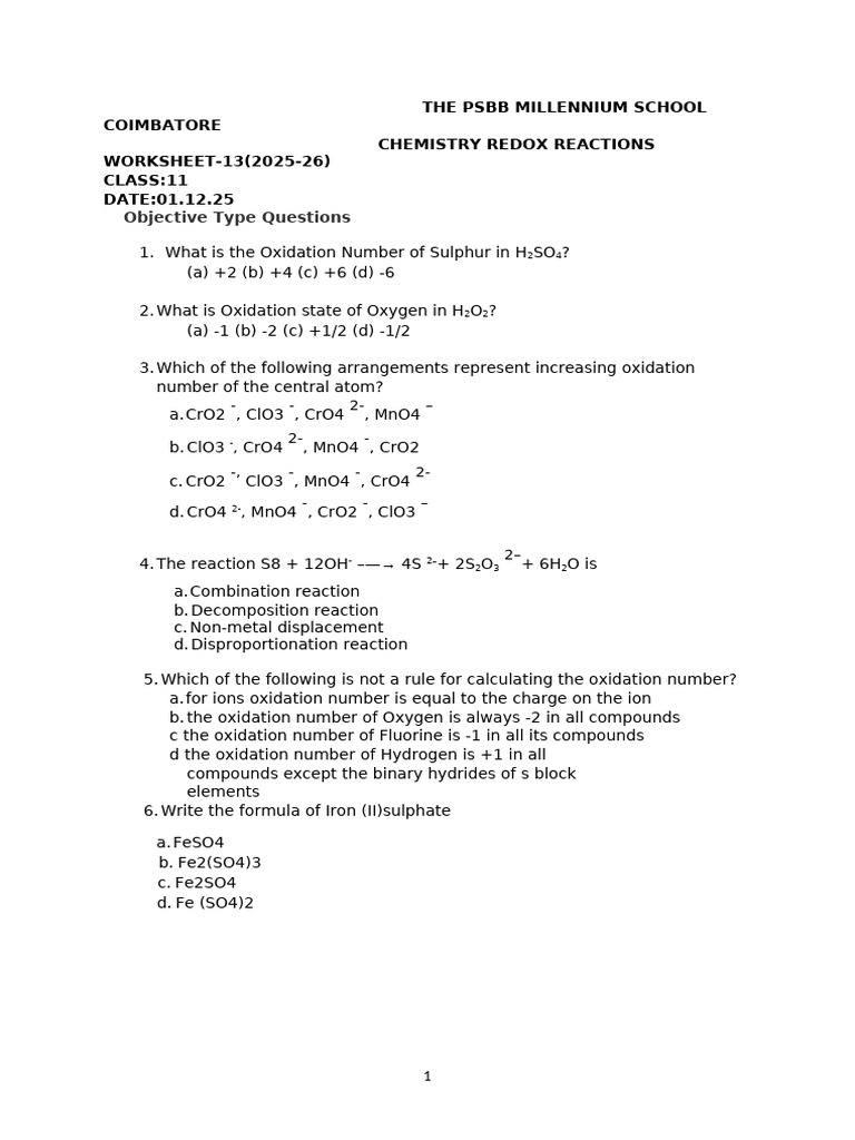 Redox Reactions Worksheet for Class 11 | PDF | Redox | Chemical Reactions
