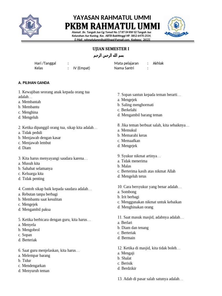 Ujian Akhlak Kelas IV Yayasan Rahmatul Ummi | PDF