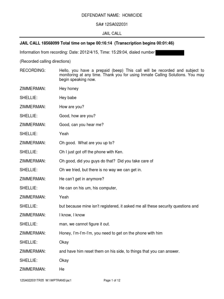 State vs. Zimmerman: Jail Call Transcript 2 | PDF | Leisure