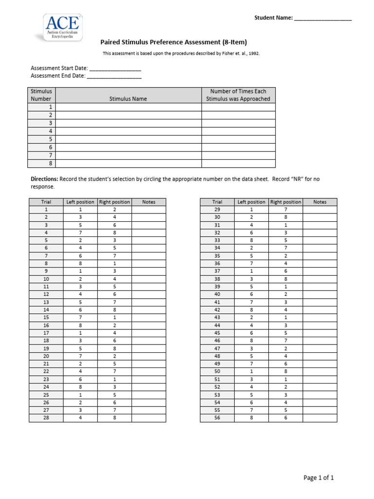 Paired Choice Preference Assessment 1 | PDF