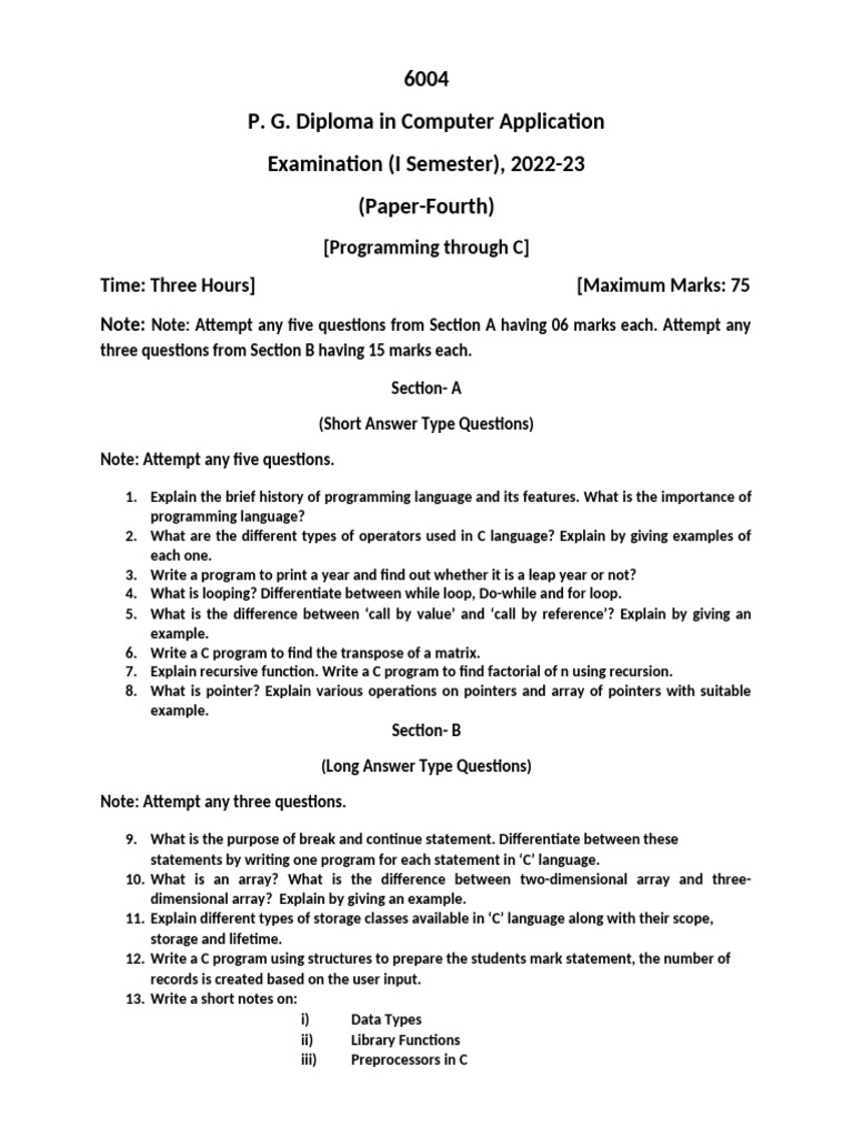 6004 P. G. Diploma in Computer Application Examination (I Semester ...