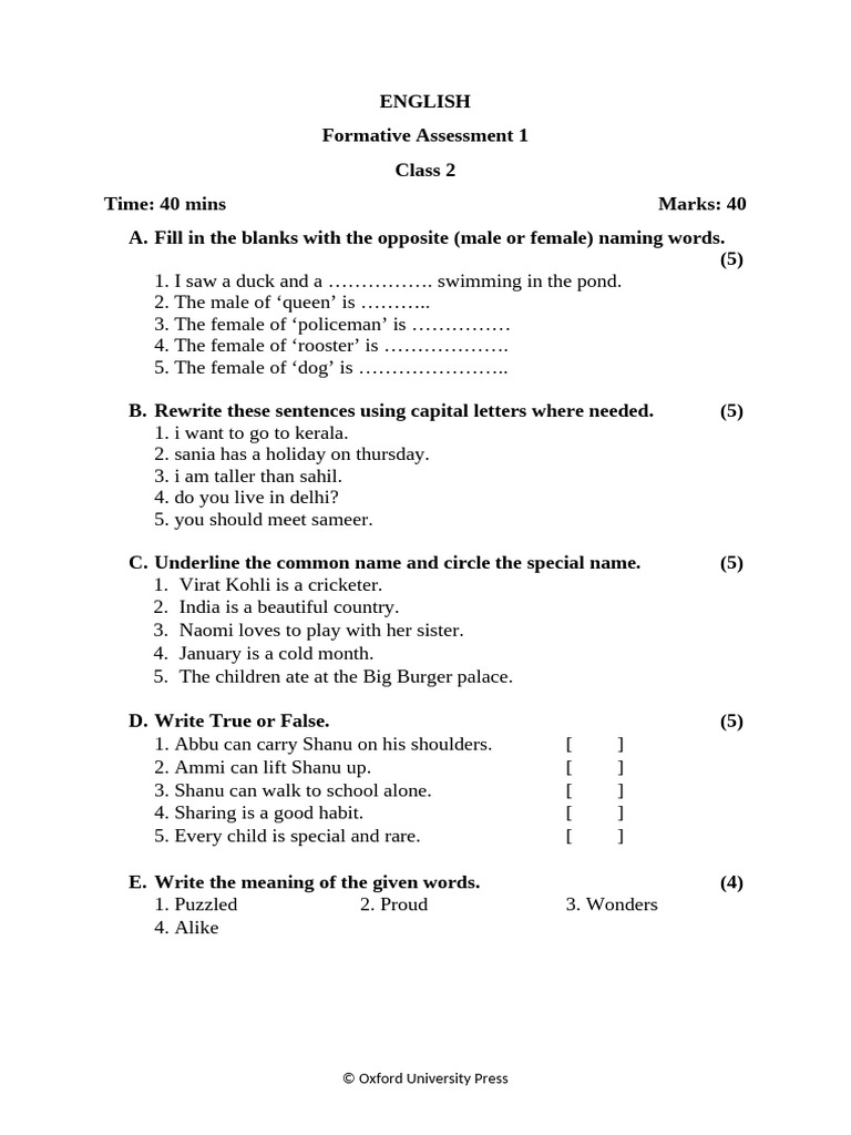 O.A. English FA 1 Class 2 | PDF