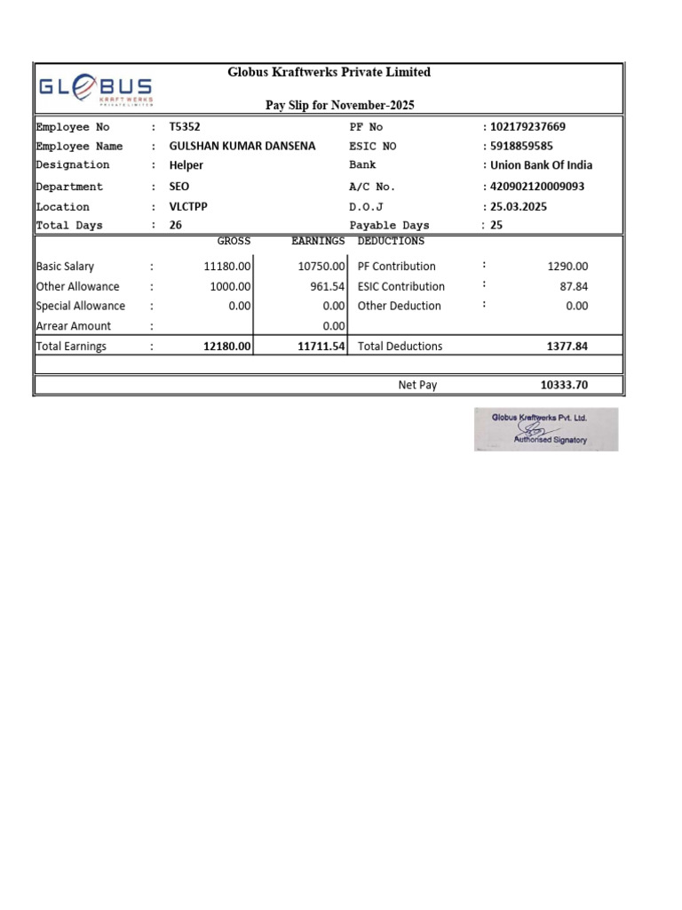 T5352 Nov'25 Pay Slip | PDF