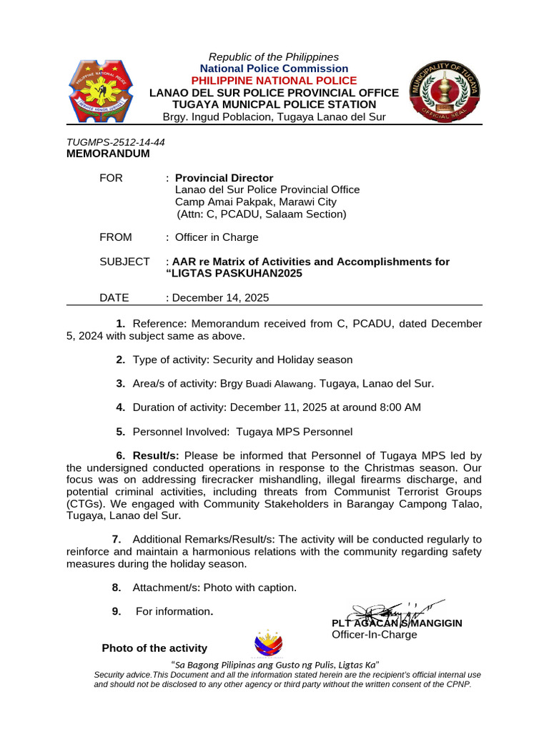 AAR Re Matrix of Activities and Accomplishments For "LIGTAS ...