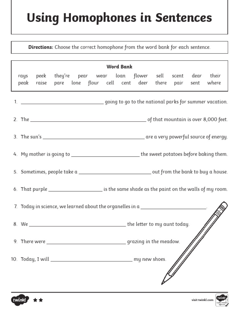 Homophone Sentence Practice Worksheet | PDF
