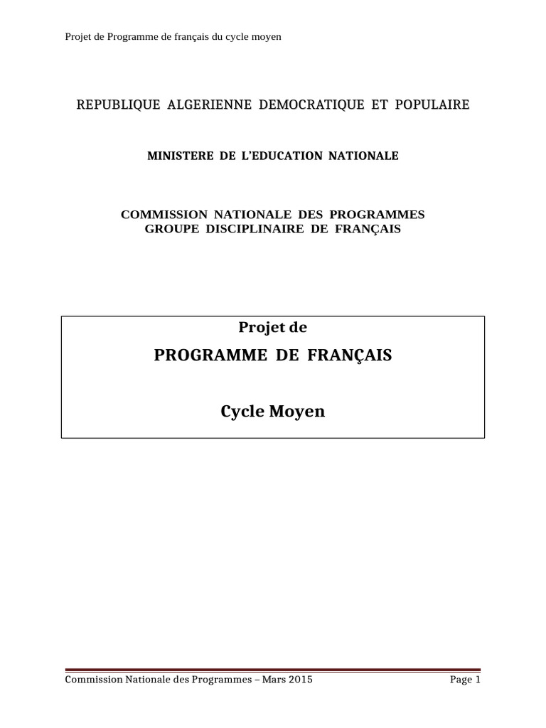 Programme de Français Cycle Moyen 2015 | PDF | Phrase | Enseignement