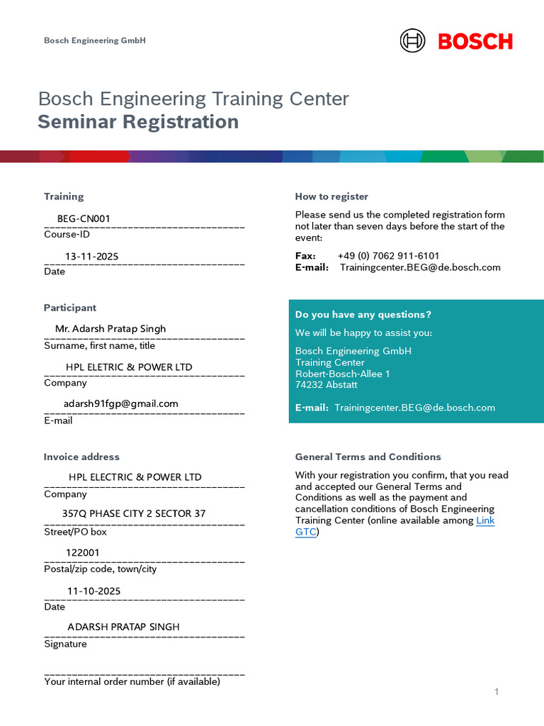 Bosch Engineering Training Registration Form | PDF | Information ...
