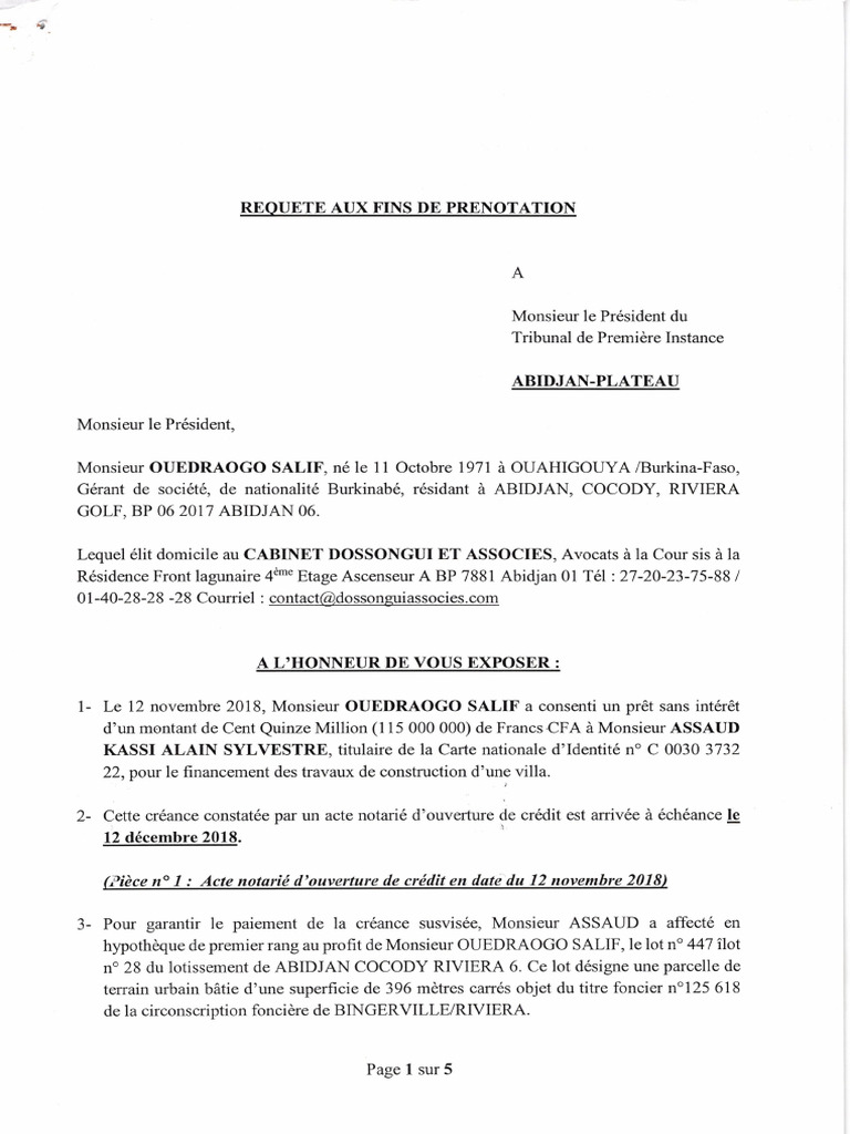 Requete Aux Fins de Prenotation - Wen | PDF