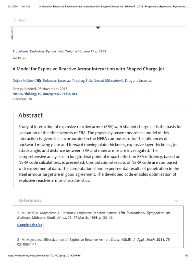 Explosive Reactive Armor Interaction Model | PDF | Armour