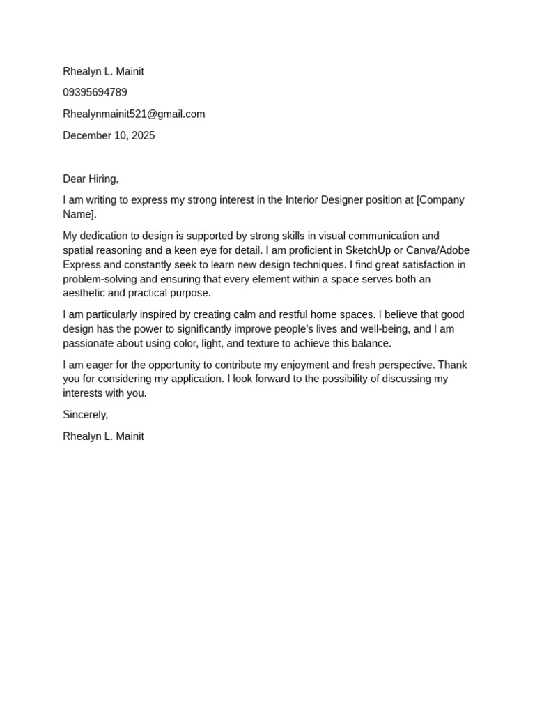 Interior Designer Application Letter | PDF