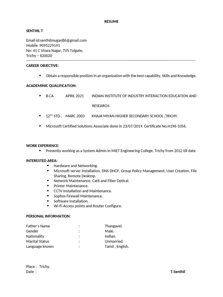 System Admin Resume of Senthil T | PDF