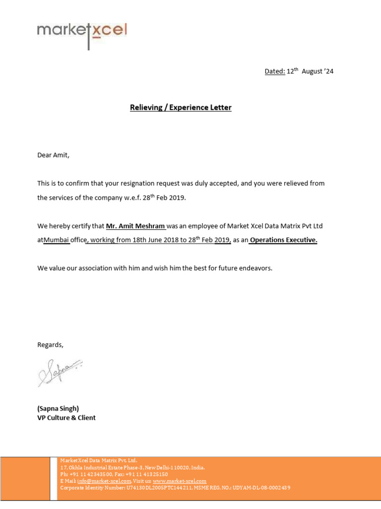 Experience Letter - Amit Meshram | PDF