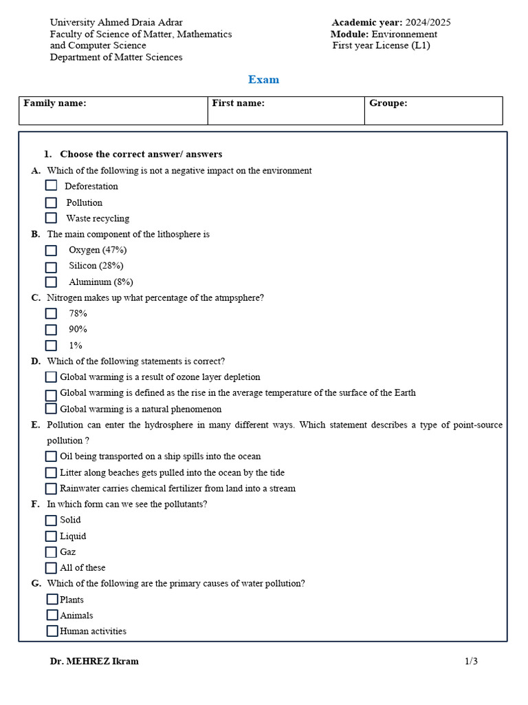 Environmental Science Exam Questions | PDF | Water Pollution ...