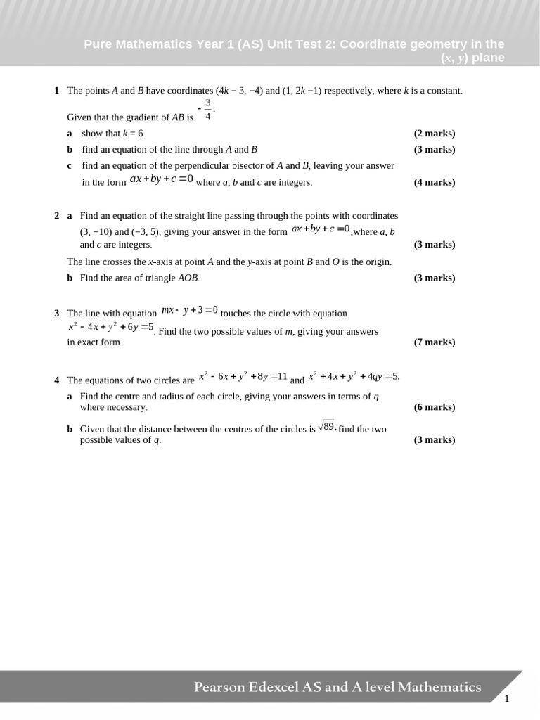 As Maths Pure Unit 2 Shadow Test - Coordinate Geometry | PDF | Circle ...