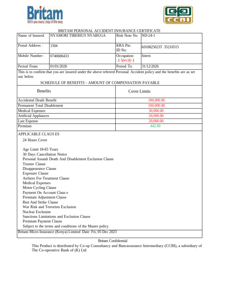 Britam Personal Accident Insurance Details | PDF