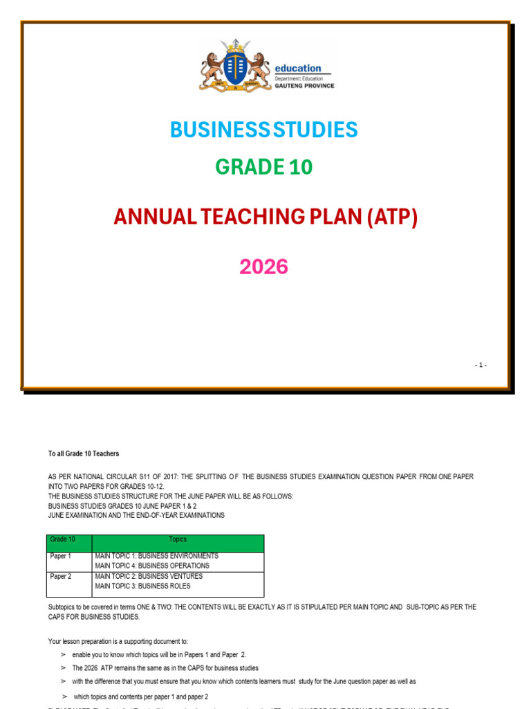 Grade 10 Business Studies ATP 2026 | PDF | Swot Analysis | Economies