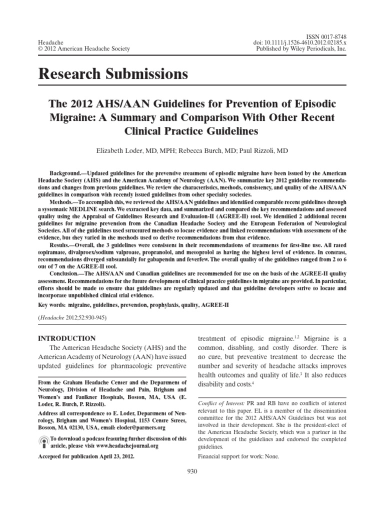 The 2012 AHS - AAN Guidelines For Prevention of Episodic Migraine - A ...