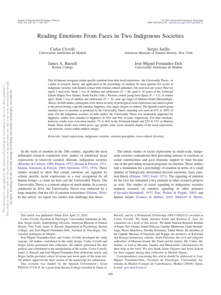 Facial Emotion Recognition in Indigenous Cultures | PDF | Emotions ...