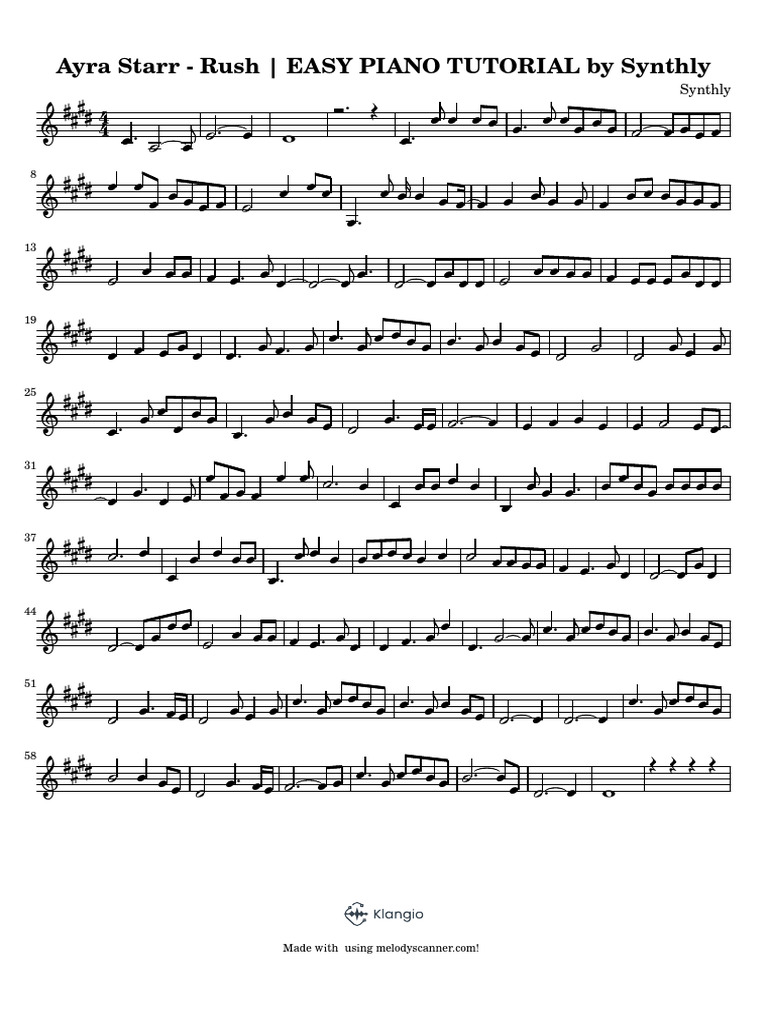 Ayra Starr - Rush - Easy Piano Tutorial by Synthly | PDF