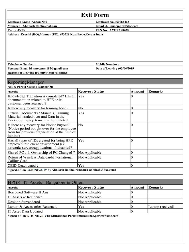 Exit Form | PDF