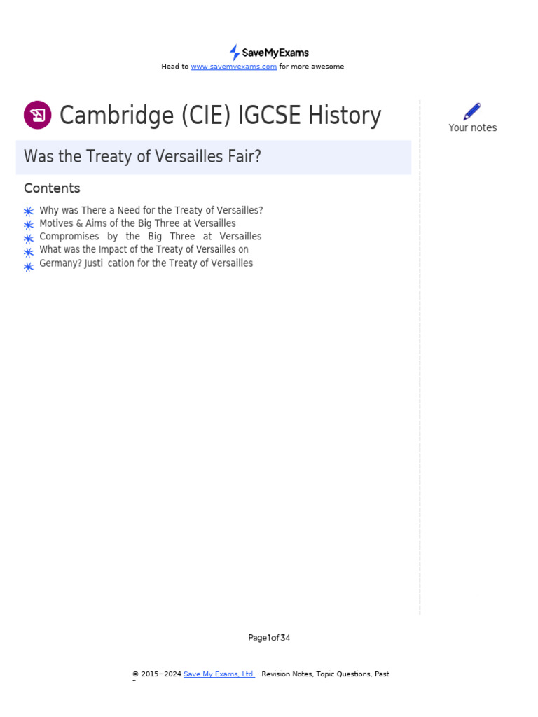 Was The Treaty of Versailles Fair - Igcse History 0490 | PDF | Cost Of ...