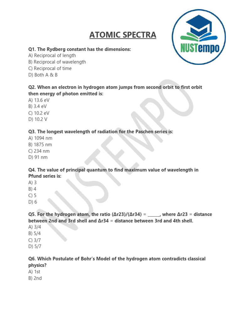 Atomic Spectra Quiz and Answers | PDF | Electromagnetic Spectrum ...
