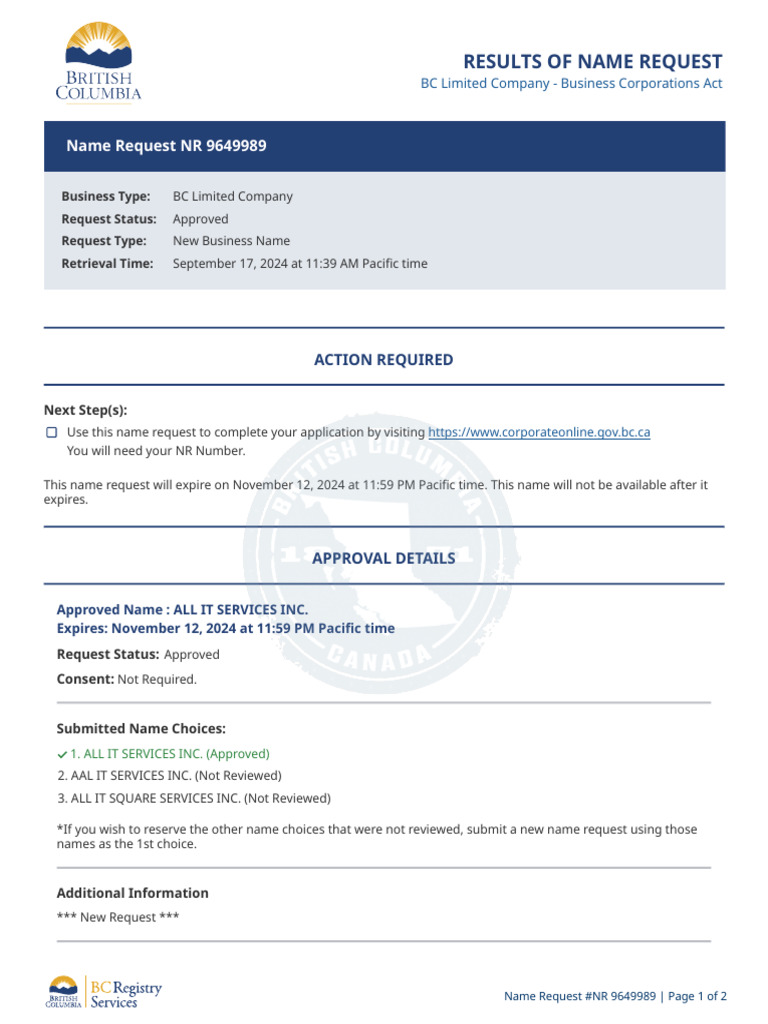 BC Name Request Result | PDF