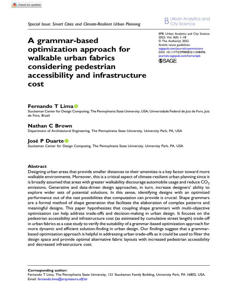 2022 LimaEtAL OptimizationWalkabilityandInfrastructureCost EPB | PDF ...
