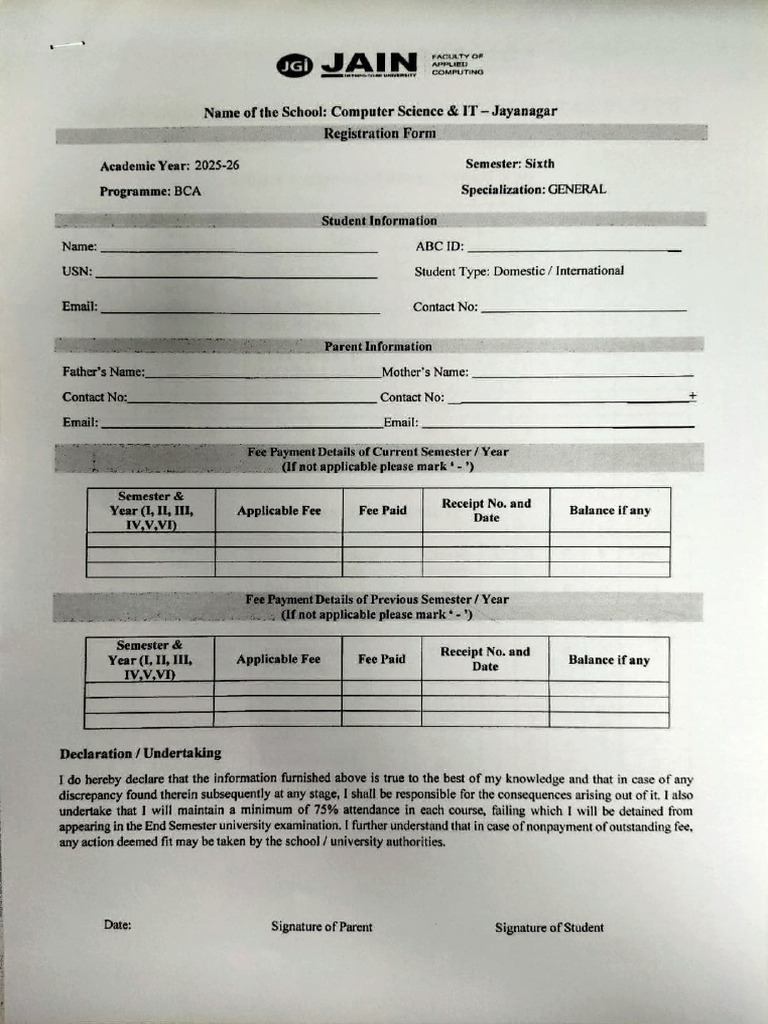 BCA Registration Form for 2025-26 | PDF