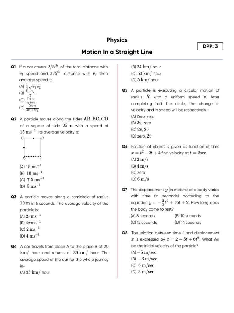 Physics Motion Questions and Answers | PDF | Speed | Velocity