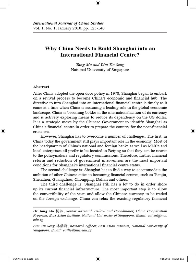 Shanghai's Path to Financial Hub Status | PDF | Renminbi | China