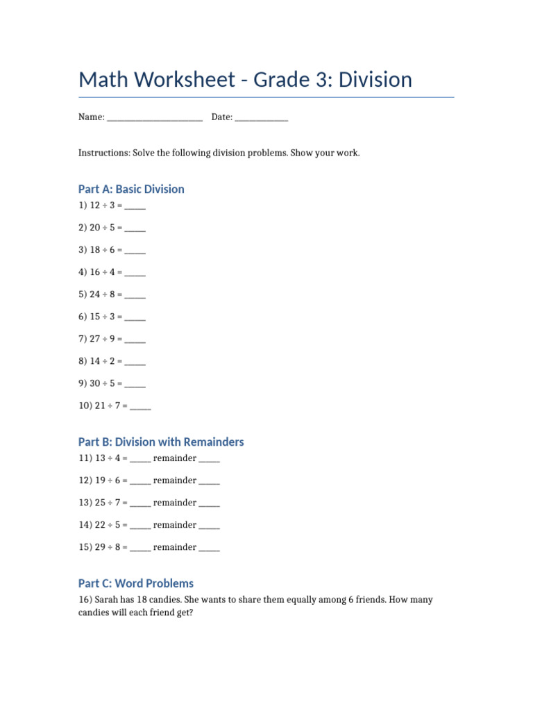 Grade 3 Division Math Worksheet | PDF