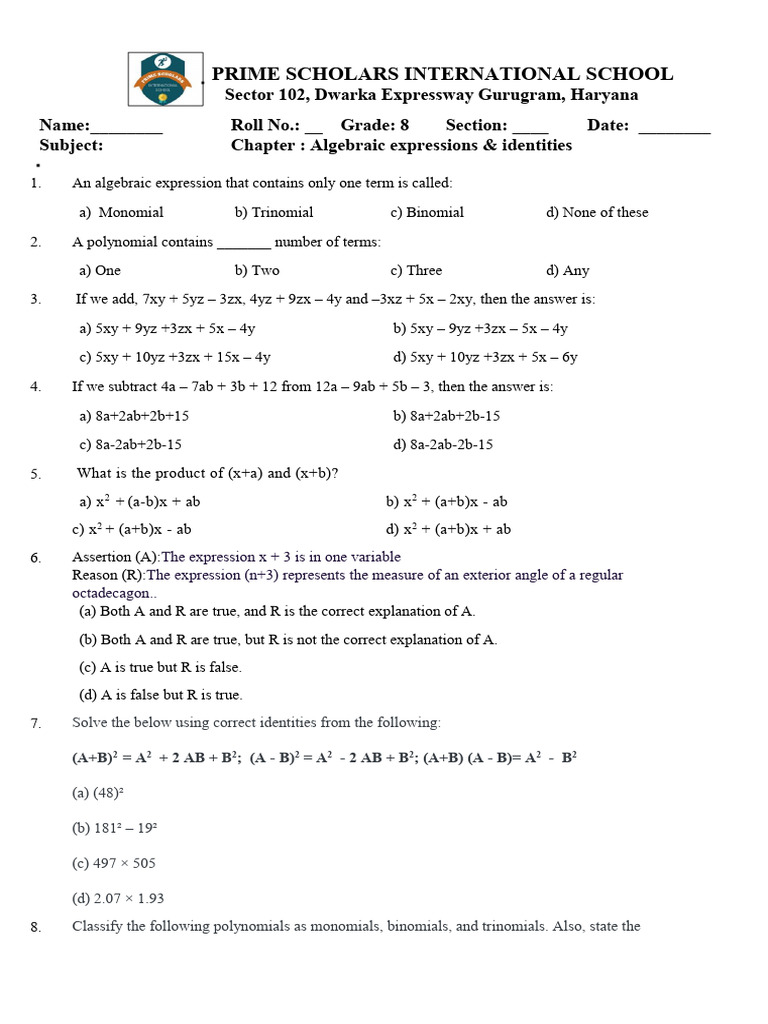 Algebraic Expressions & Identities Quiz | PDF | Numerical Analysis ...