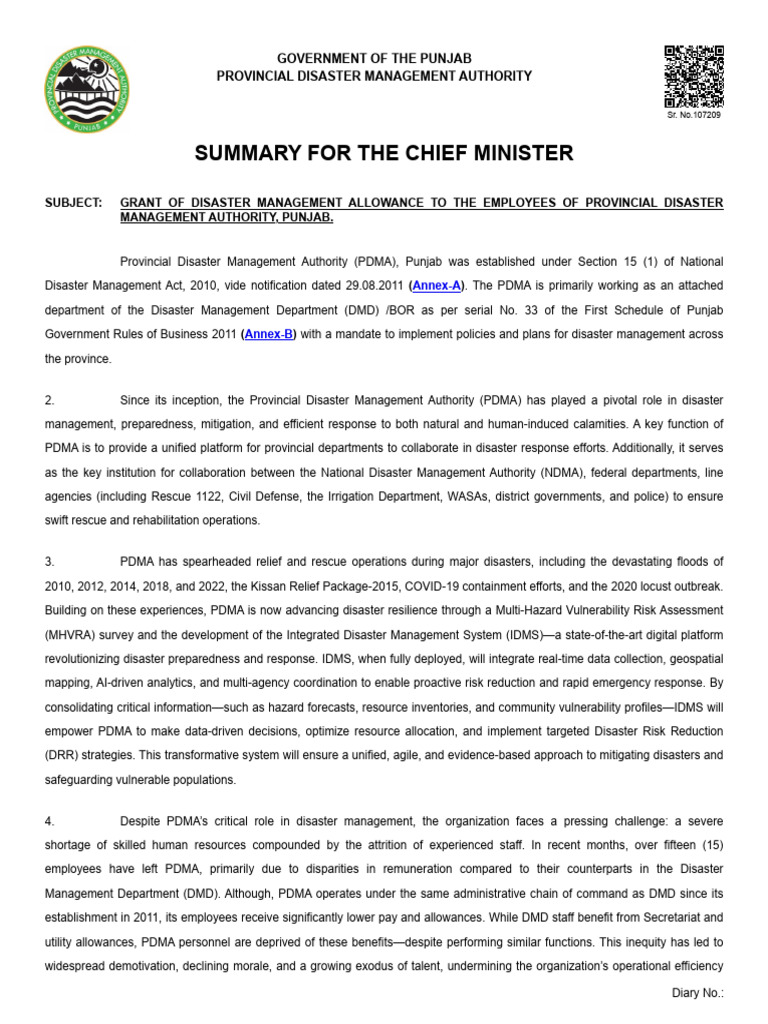 PDMA Punjab Disaster Management Allowance Proposal | PDF