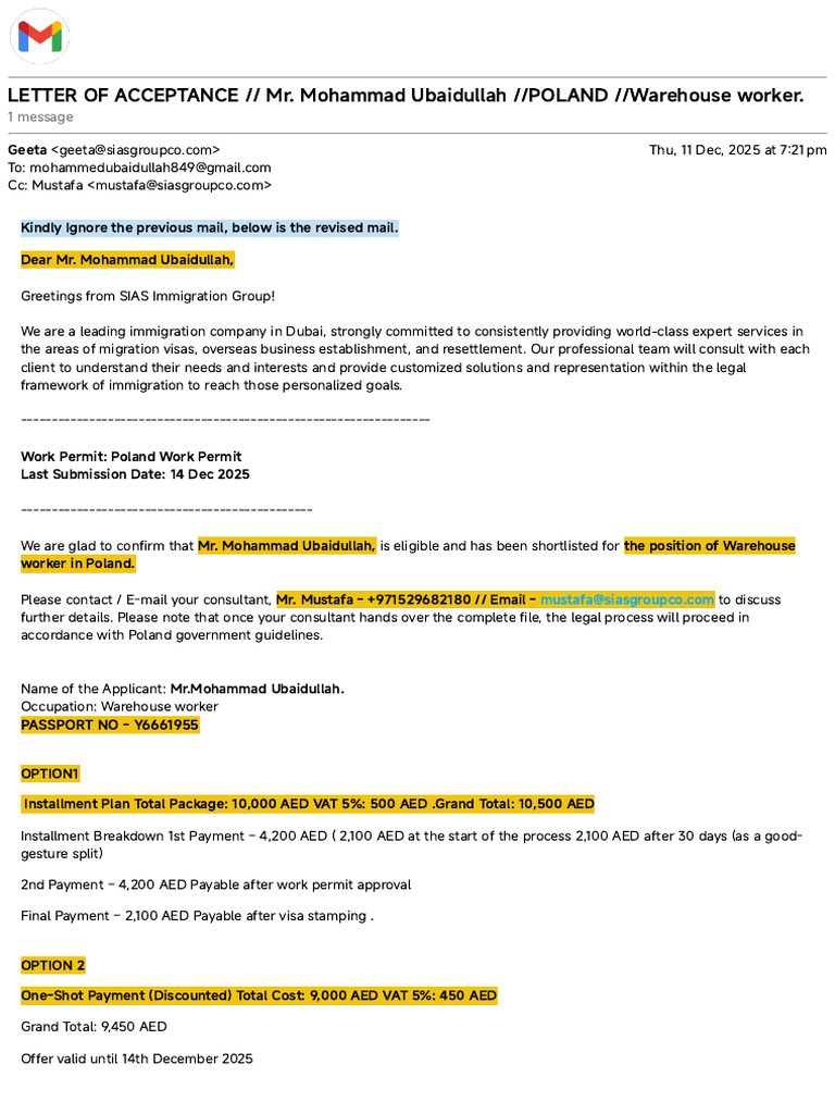 Poland Warehouse Worker Acceptance Letter | PDF | United Arab Emirates ...