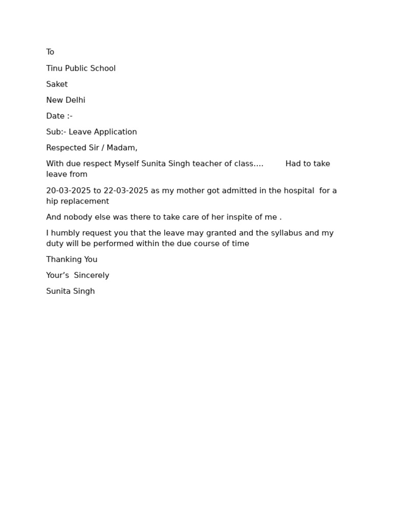 Leave Application for Teacher's Absence | PDF