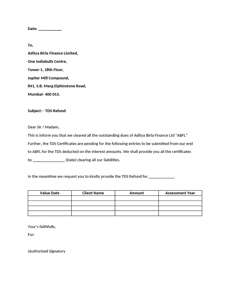 TDS Refund Request to Aditya Birla Finance | PDF