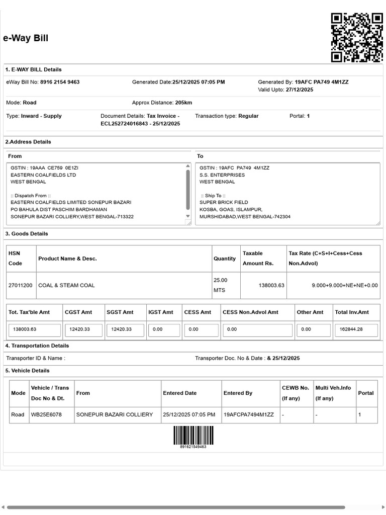 WB25E6078 in E-Way Bill System | PDF | Public Finance | Payments