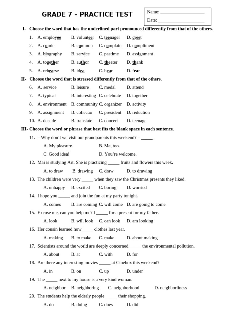 Grade 7 English Practice Test | PDF