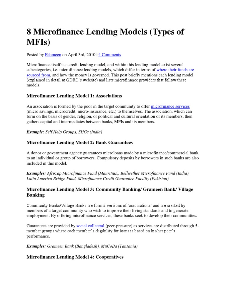 8 Microfinance Lending Models | Microfinance | Microcredit