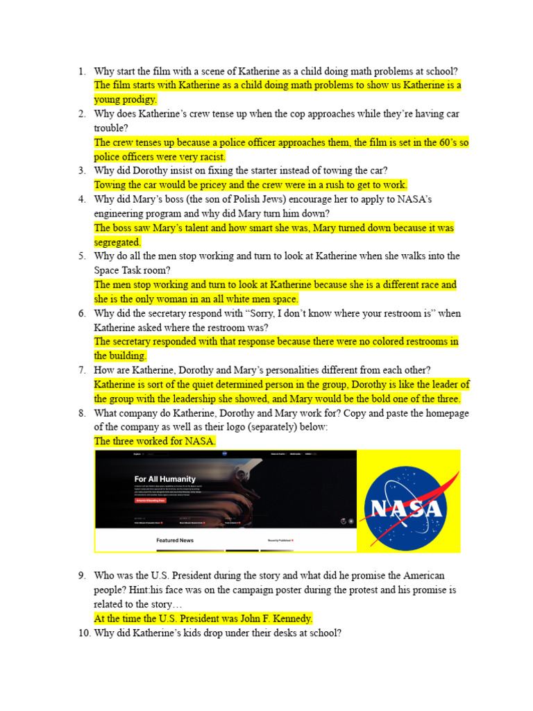 HIDDEN FIGURES Film Questions - Steven Guzman - P1 | PDF