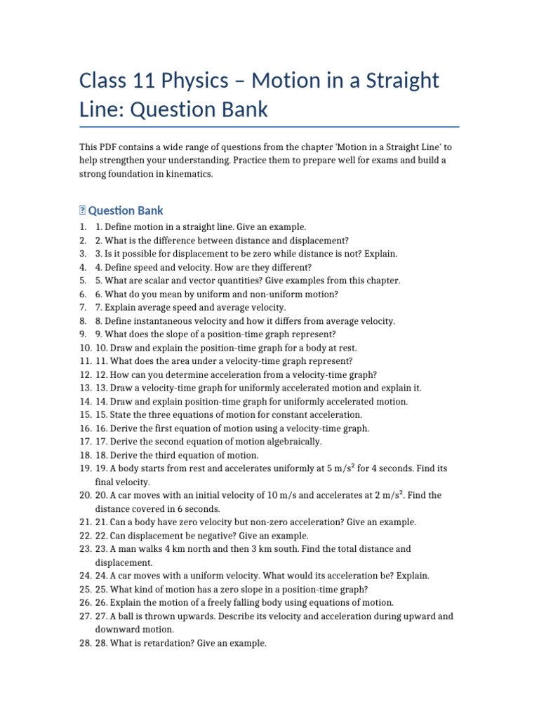 Class 11 Physics: Motion Question Bank | PDF | Velocity | Acceleration