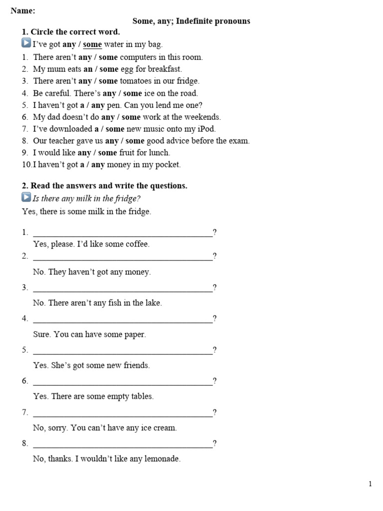 Some, Any Indefinite Pronouns in | PDF