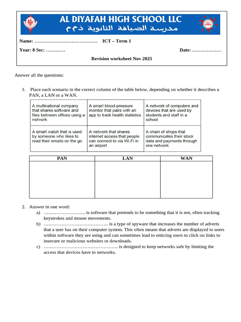 ICT Term 1 Revision Worksheet for Year 8 | PDF | Computer Network | Wi Fi
