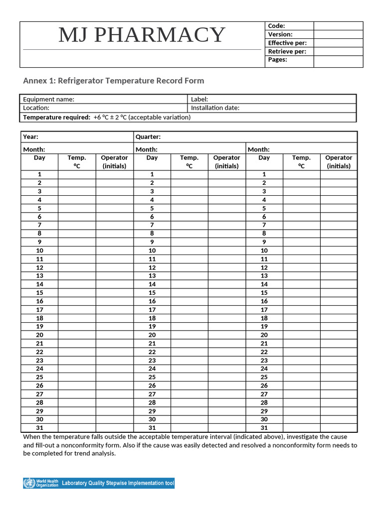 Refrigerator Temperature Log Template | PDF | Applied And ...