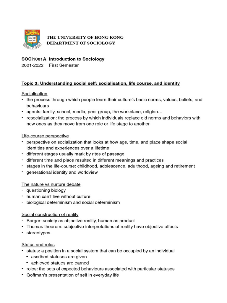 1001 L 3 Outline 202122 | PDF | Socialization | Sociology