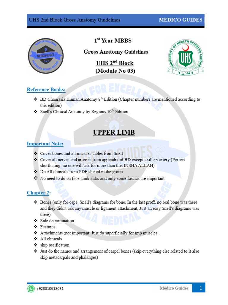 Medico Guides 2nd Block (UL) Gross Anatomy Guidelines | PDF | Primate ...