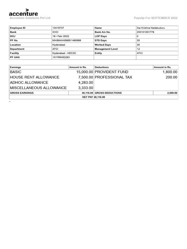 September 2022 Payslip for Sai Krishna | PDF
