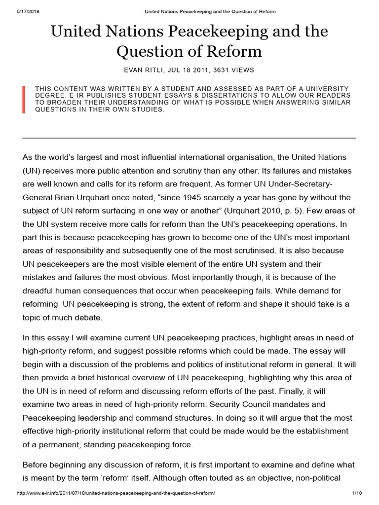 United Nations Peacekeeping and The Question of Reform | PDF ...